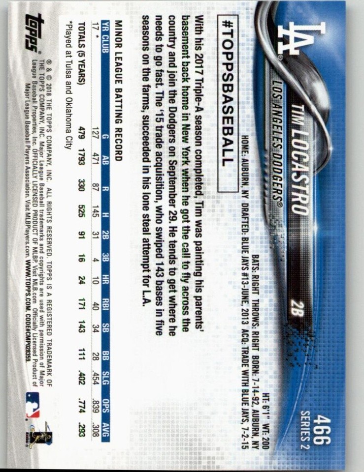 2018 Topps Tim Locastro Rookie #466 RC Los Angeles Dodgers | eBay