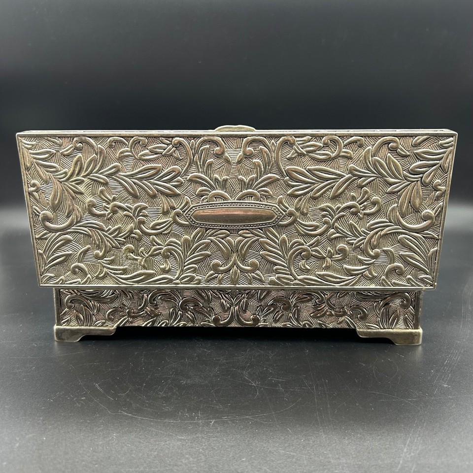Godinger Silverplate Engraved Leaves Jewelry Box Hinged Lid Grey Velvet ...