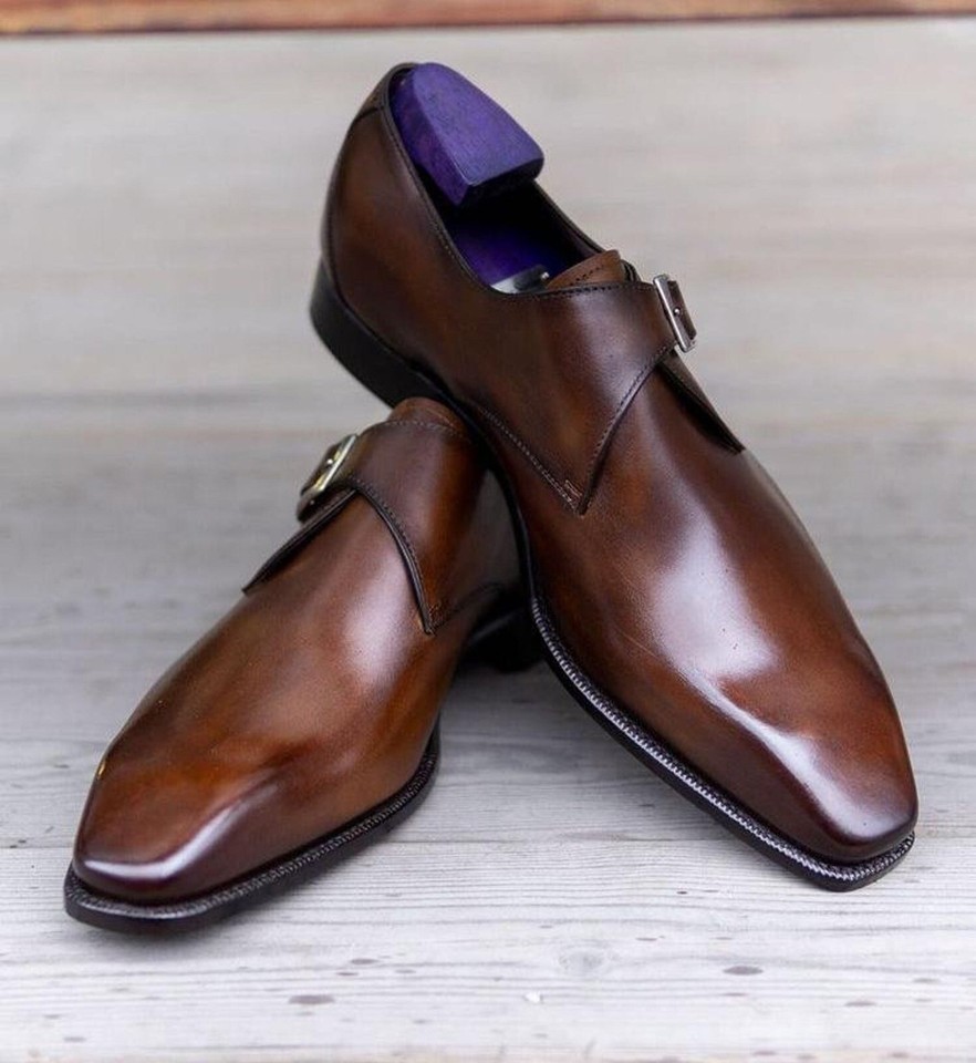 New Handmade Leather Brown Single Monk Strap Cap Toe Formal Dress Shoes ...