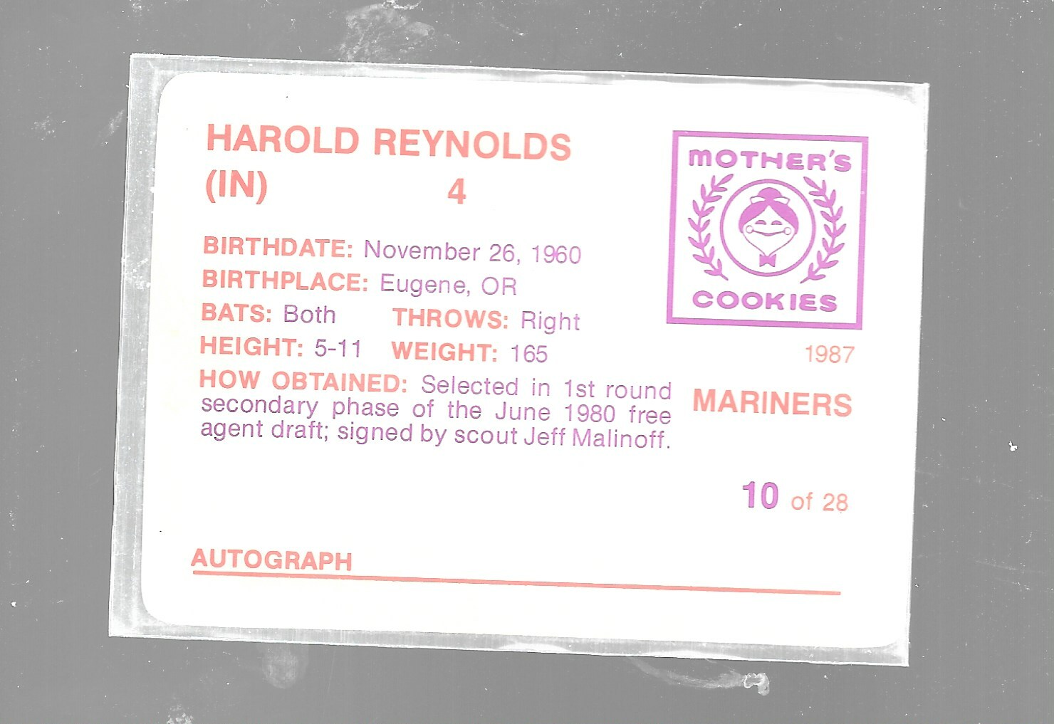 1987 Mothers Cookies Harold Reynolds 10 Seattle Mariners Baseball Card ...