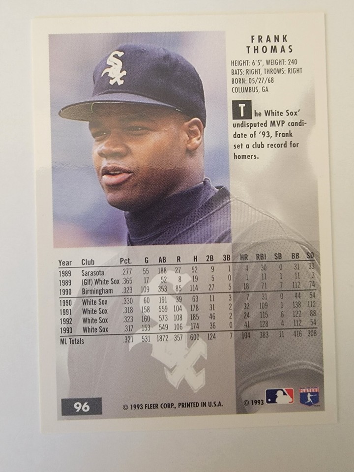 1993 Fleer Frank Thomas #96 Chicago White Sox | eBay