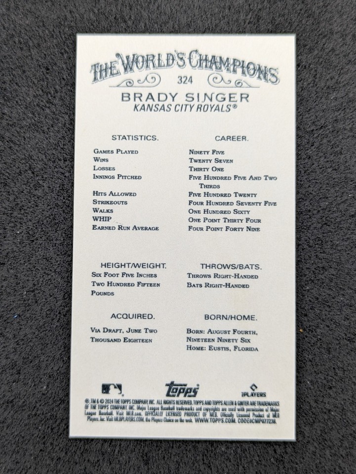 2024 Topps Allen & Ginter #324 Brady Singer Mini Kansas City Royals ...
