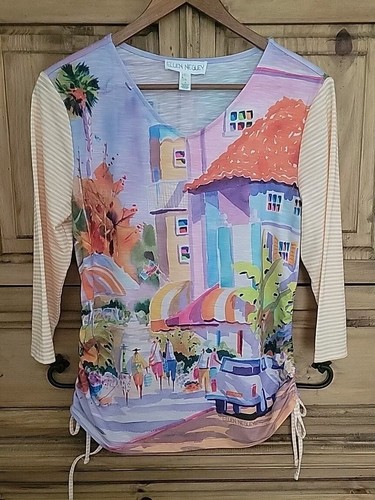 Ellen Negley Blouse-Womens S-Art & Sol-Pullover Top-3/4 Sleeve-Tie Pull ...