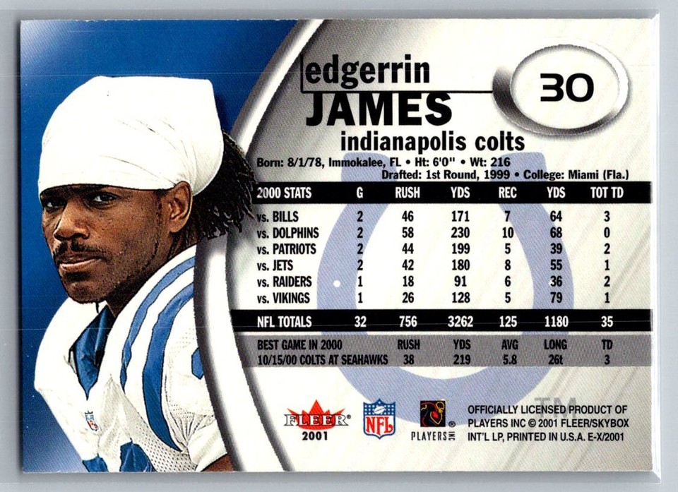 2001 Fleer E-X #30 Edgerrin James Indianapolis Colts Football Card | eBay