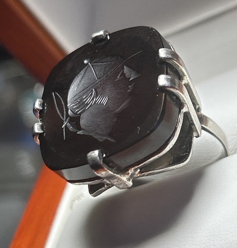 Vintage Sterling Silver Intaglio Signet Ring Ruby Glass - Roman Soldier ...