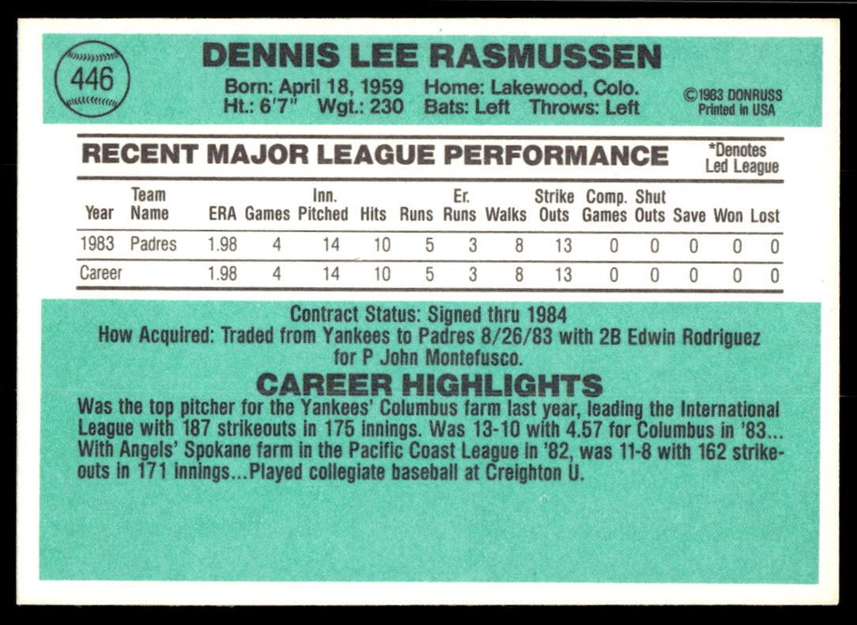 1984 Donruss 446 Dennis Rasmussen San Diego Padres RC Baseball Card | eBay