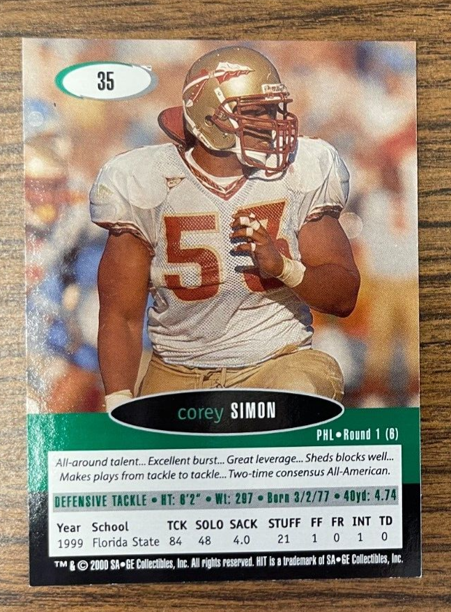 2000 Sage Card # 35 Corey Simon - Florida State Seminoles | eBay