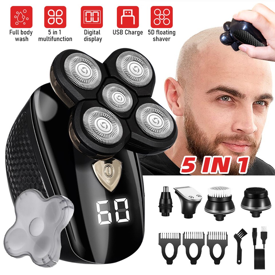 5-in-1 Rotary Electric Shaver 9D Rechargeable Bald Head Hair Beard ...