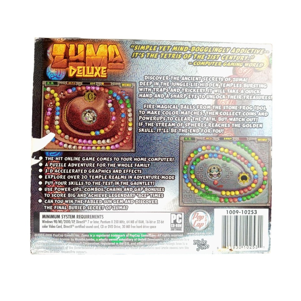 Zuma Deluxe PC CD ROM Computer Video Game Frog PopCap Puzzle Temple ...