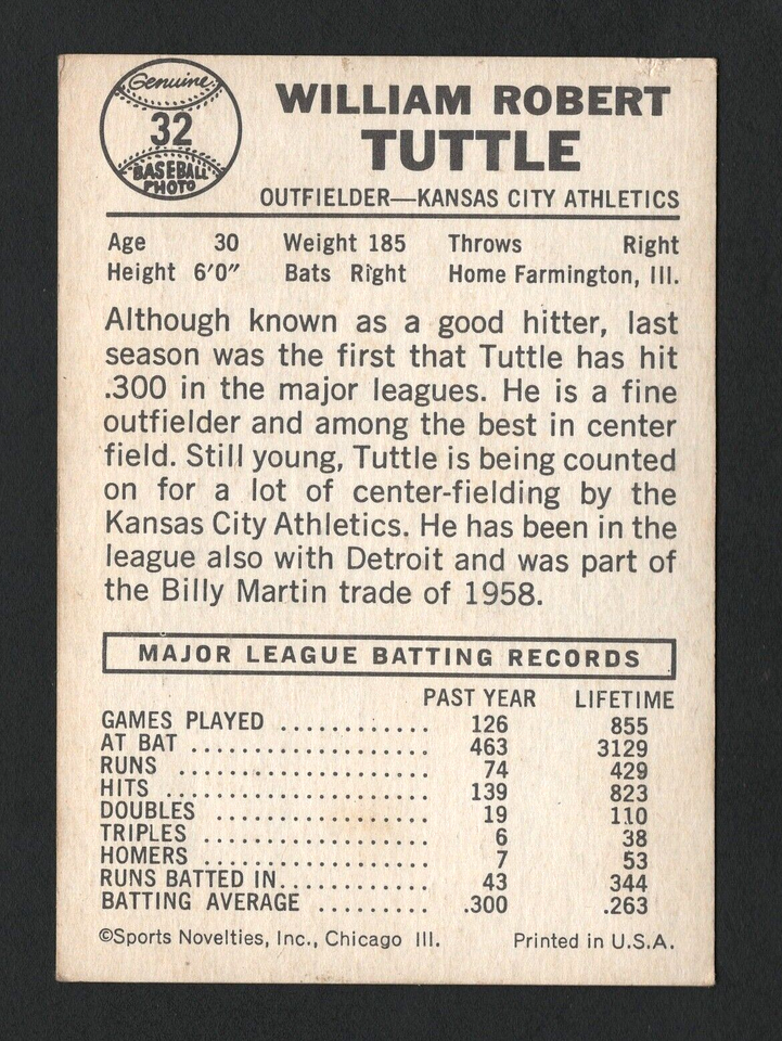 1960 Leaf Baseball Card #32 Bill Tuttle – Kansas City Athletics | eBay