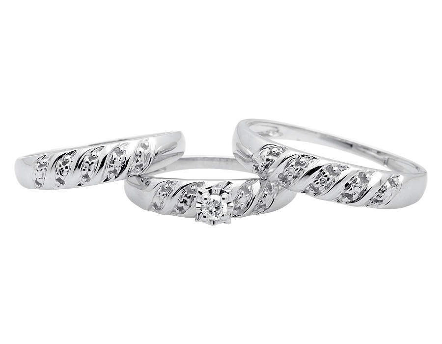 10K White Gold Miracle Set Diagonal Diamonds Bridal Trio Wedding Ring ...