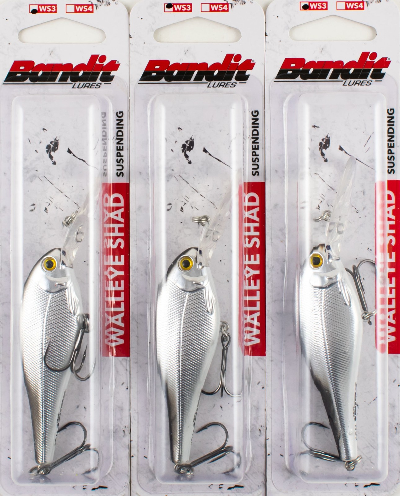 (LOT OF 3) BANDIT WALLEYE SHAD 7/16OZ BDTWS331 CHROME BLACK BACK C1122 ...