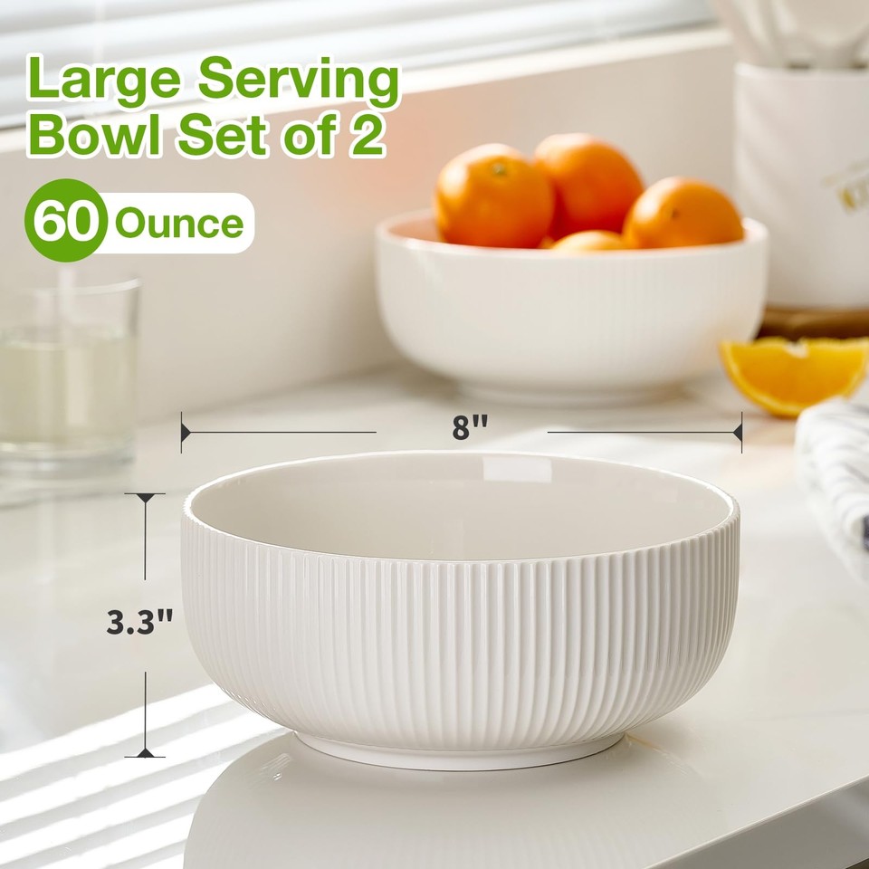 8 inch 60 oz Salad Serving Bowls Large Ceramic Soup Bowl Set 2 Pack | eBay