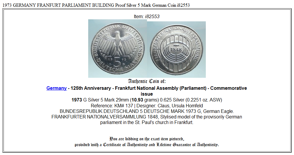 1973 GERMANY FRANFURT PARLIAMENT BUILDING Proof Silver 5 Mark German ...