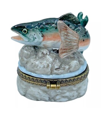 Rare Porcelain Hinged Box PHB Coho Salmon Fishing Trinket Box | eBay