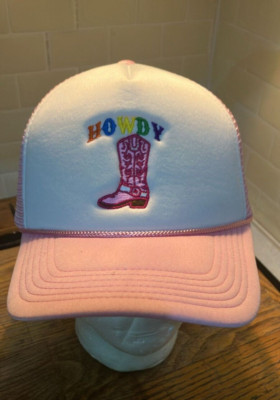 HOWDY Pink Cowboy Boot Logo Embroidered White/Pink Mesh Trucker Cap Hat ...
