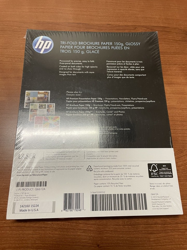 NEW Hp Tri-Fold Laser Brochure Paper 97 Brightness 40lb 8-1/2 x 11 ...