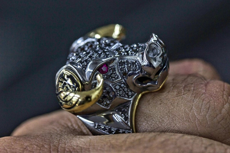 2.00CT Black Onyx & Pink Ruby Bull Face Design 935 Two Tone Silver Mem ...