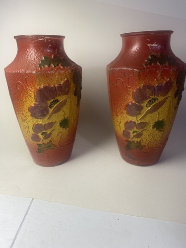 Goofus Glass Pair 9” Vases Poppy With Orange Background rare | eBay