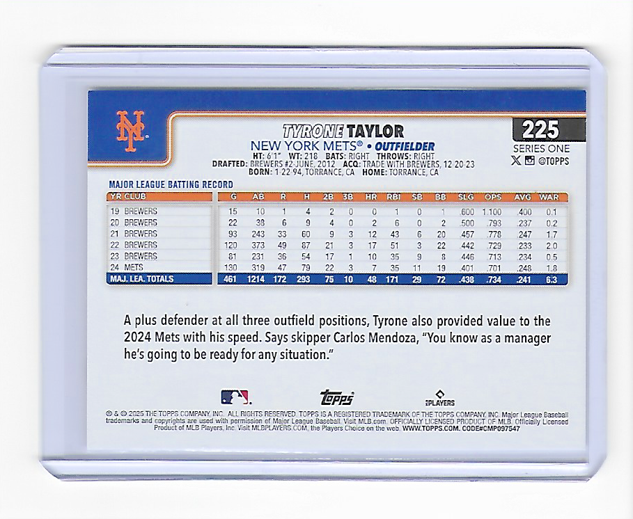 2025 TOPPS SERIES ONE TYRONE TAYLOR BASE CARD - CARD #225 - METS - FREE ...