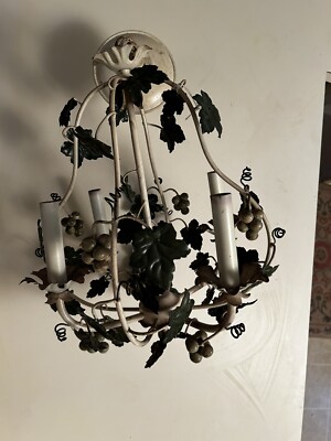 VINTAGE ITALY TOLE Painted METAL Hanging Light Fixture Grapes And Grape ...