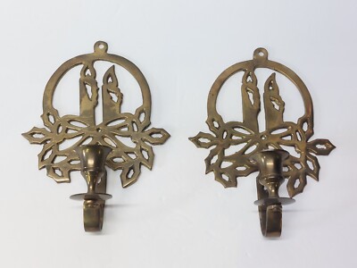 Vintage Pair Solid Brass Christmas Holiday Candle Sconces Holly Leaves ...