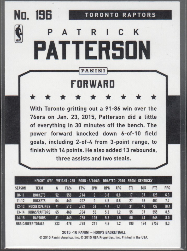 PATRICK PATTERSON 2015-16 Panini NBA Hoops #196 Raptors Signed ...