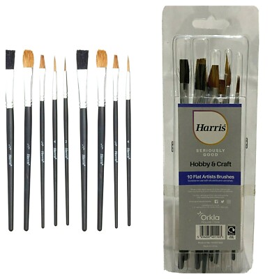 10 HARRIS ARTISTS FLAT PAINT BRUSHES SET FINE PAINTWORK ART HOBBY CRAFT ...