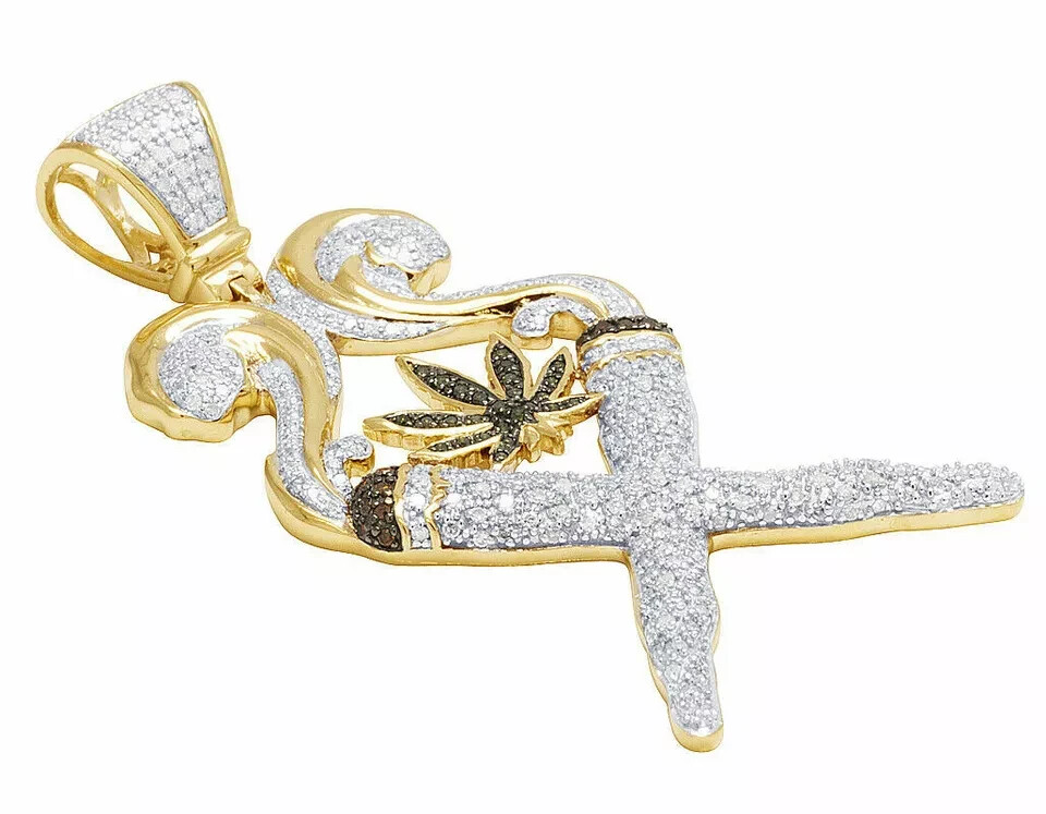 1.50 Ct Diamond Marijuana Charm Leaf joint Fire Pendant 10K Yellow Gold ...