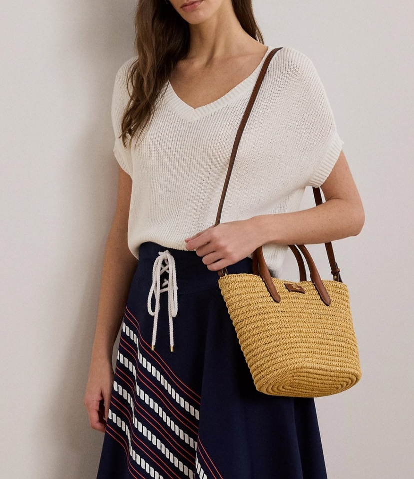 RALPH LAUREN Brie 22 Leather-Trim Straw Medium Tote Bag Natural/Lauren ...