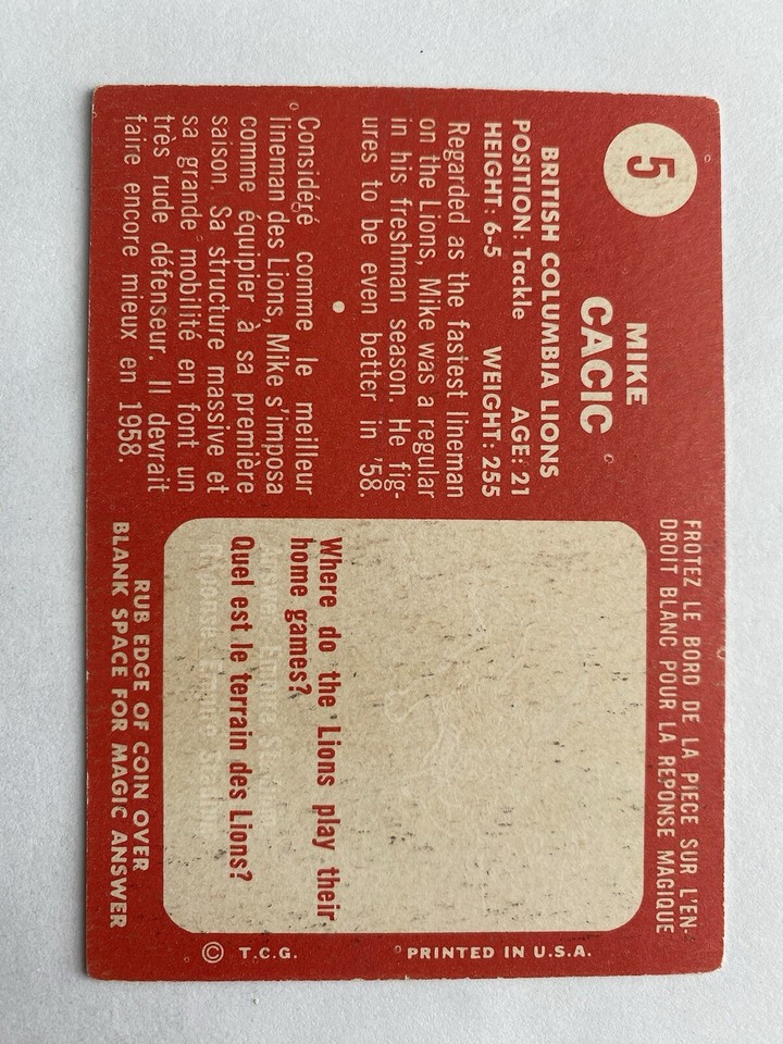 1958 Topps CFL Football # 5 Mike Cacic British Columbia Lions | eBay