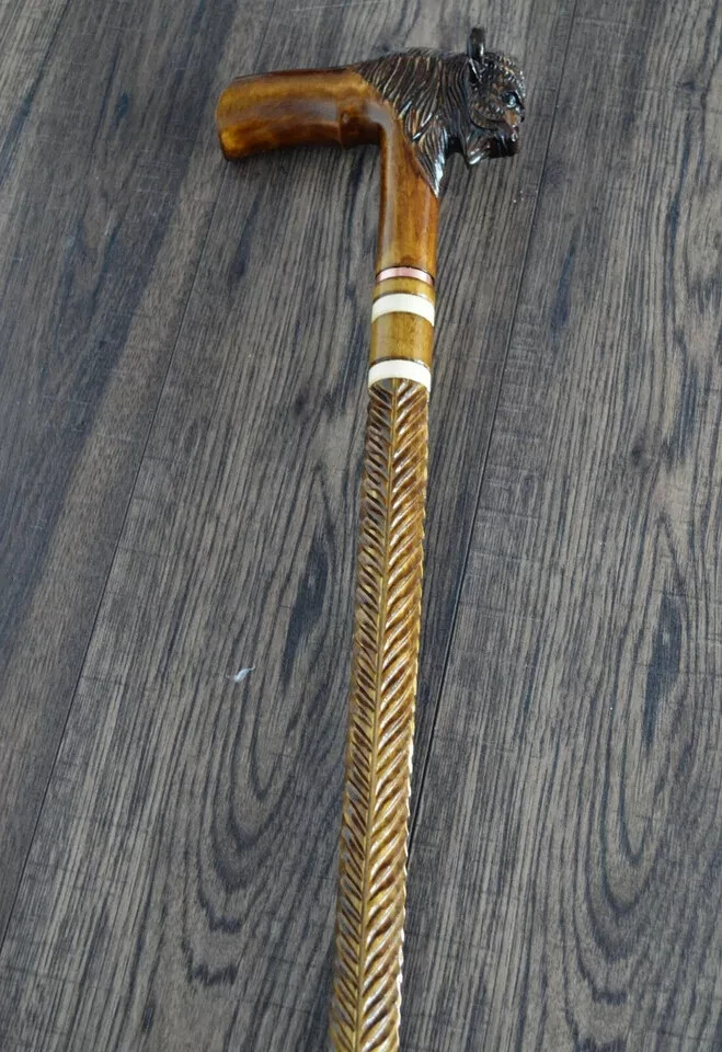 Walking Stick Cane Wooden Walking Cane Handmade Hand Carving Bison ...