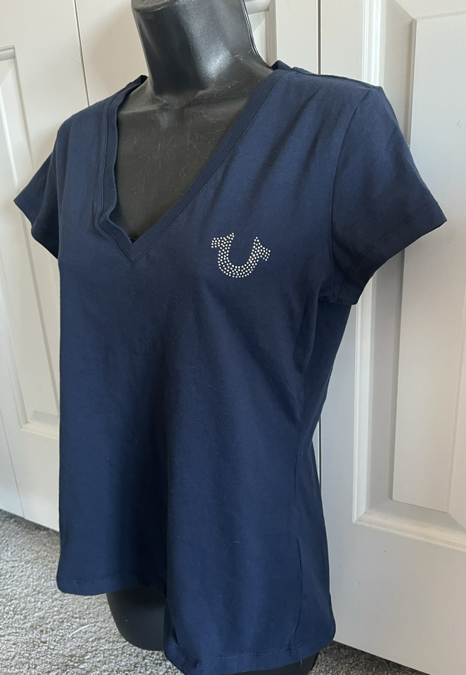 True Religion Slim V-Neck Tee Navy Blue M Crystal Logo Short Sleeve 100 ...