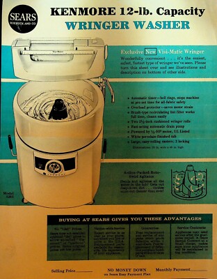Sears Kenmore Wringer Washer Ad Sheet 1964 Lady Kenmore Model 5260 5290 ...