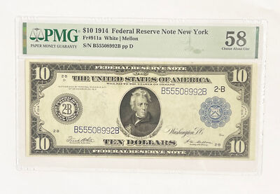 1914 $10 Dollar Federal Reserve Note Paper Money Certified PMG AU58 ...