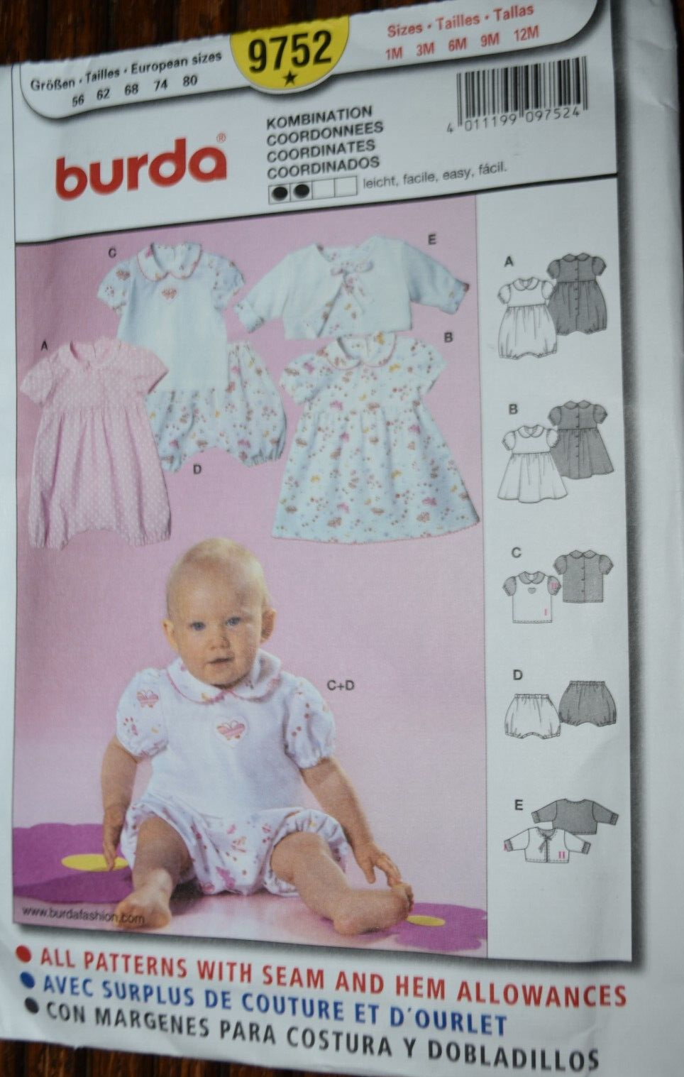 BURDA 9752 PATTERN 5 INTERCHANGEABLE OUTFIT PIECES GIRLS INFANTS Sz 1M ...