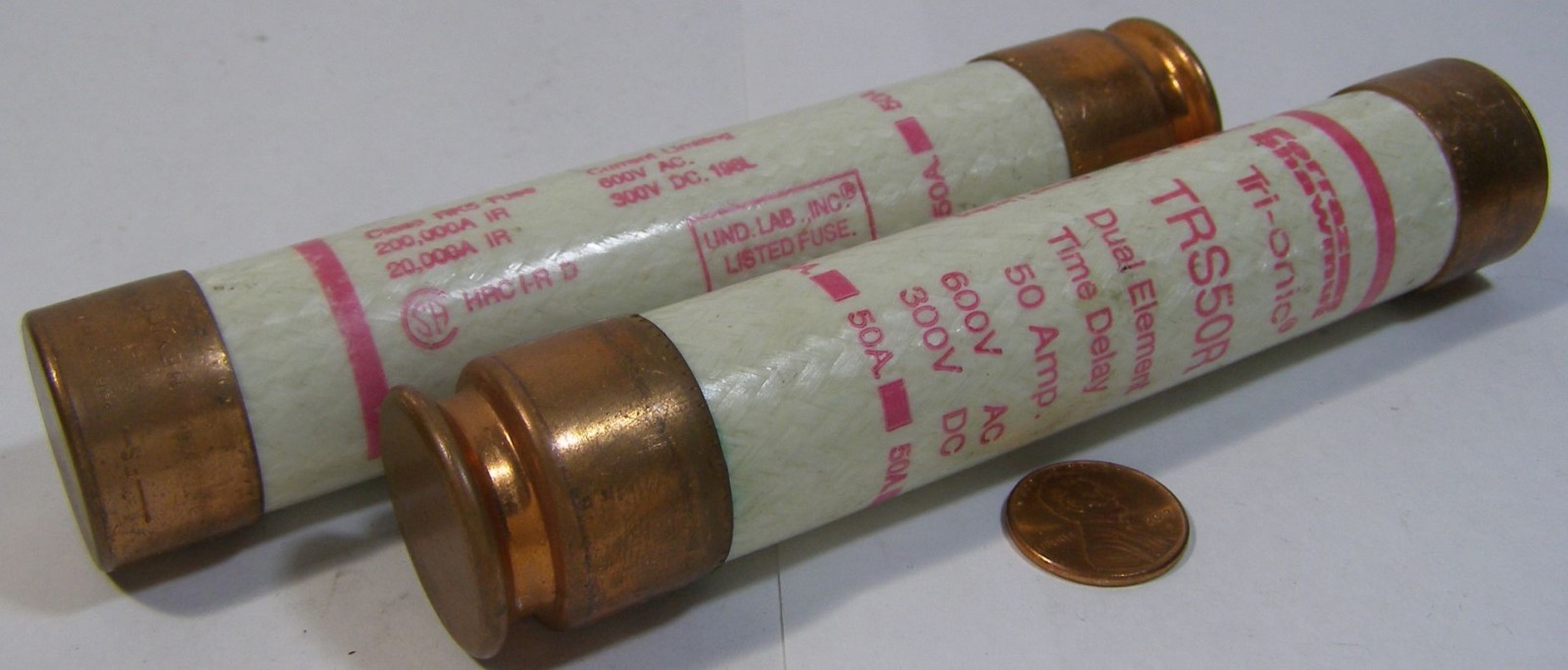 TWO GOULD SHAWMUT TRI-ONIC TIME DELAY FUSE TRS50R 300VDC 600VAC COPPER ...