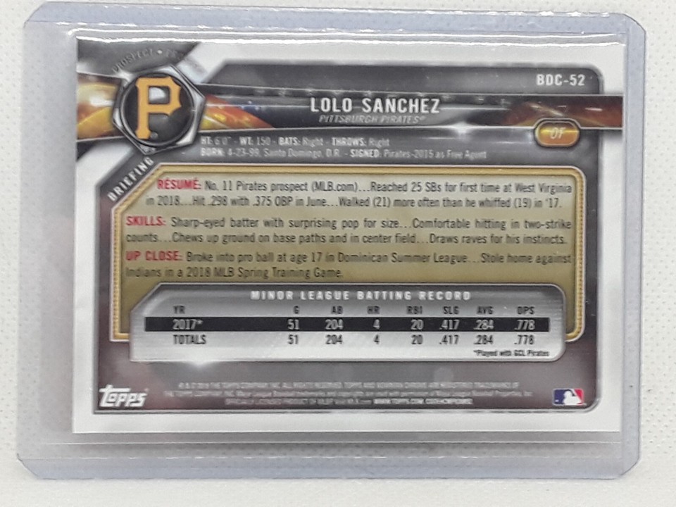 LoLo Sanchez 2018 Bowman Draft Baseball - Chrome #BDC-52 - Pittsburgh ...