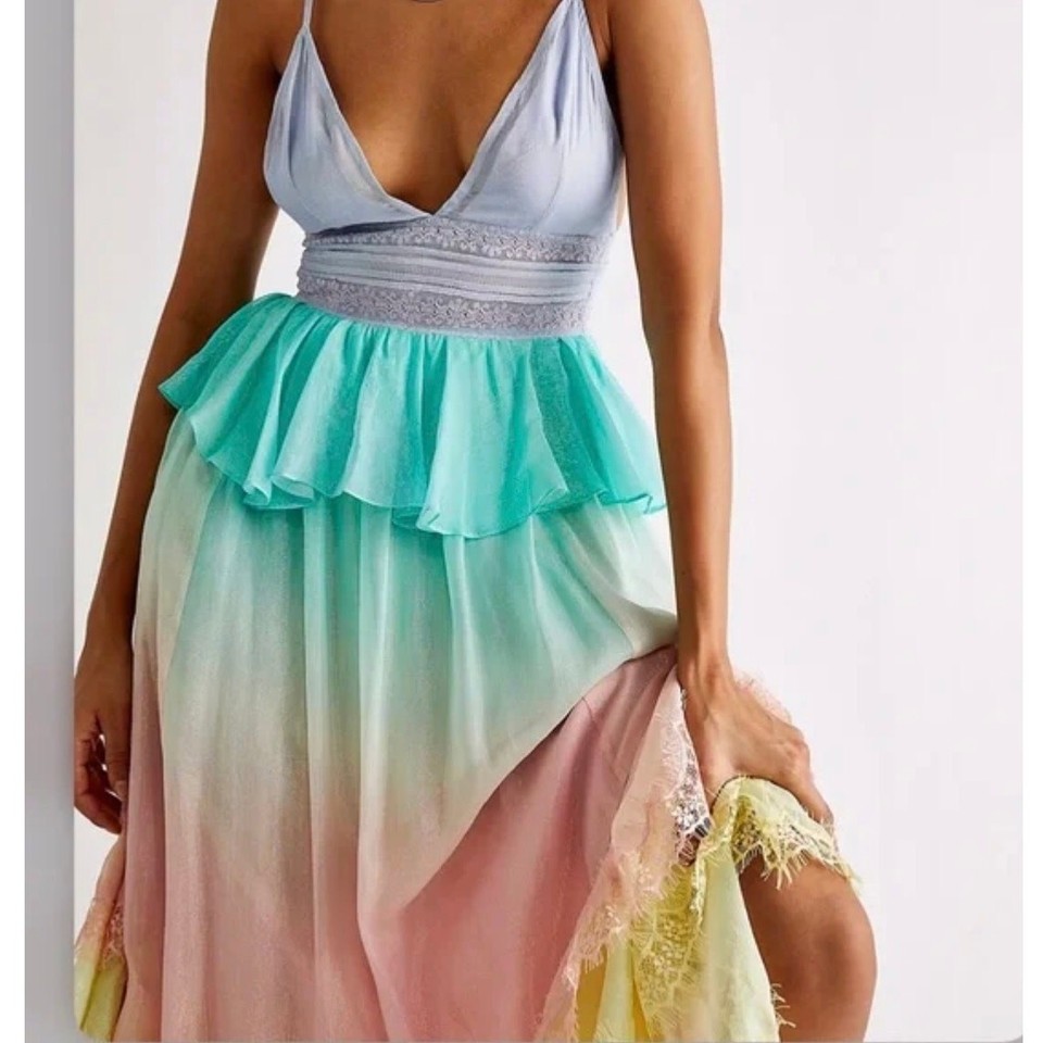 Free People Rococo Sand Emi Long Metallic Ombre Lace Trim Peplum Dress ...