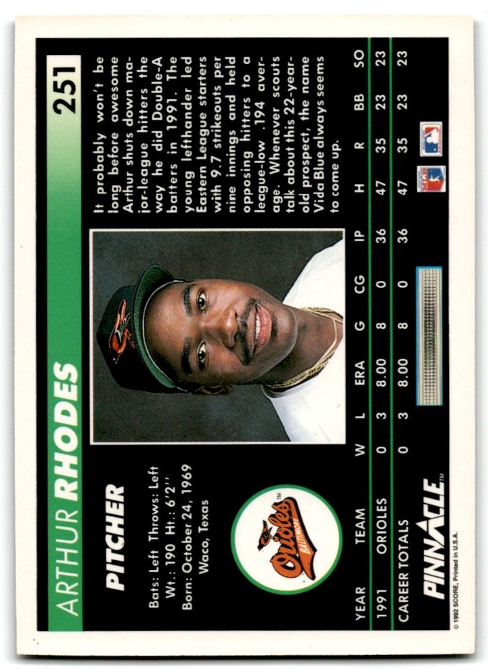 1992 Pinnacle Arthur Rhodes Baltimore Orioles #251 | eBay