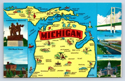 Vintage Postcard Michigan MI State Map Landmarks Plastichrome V15 | eBay