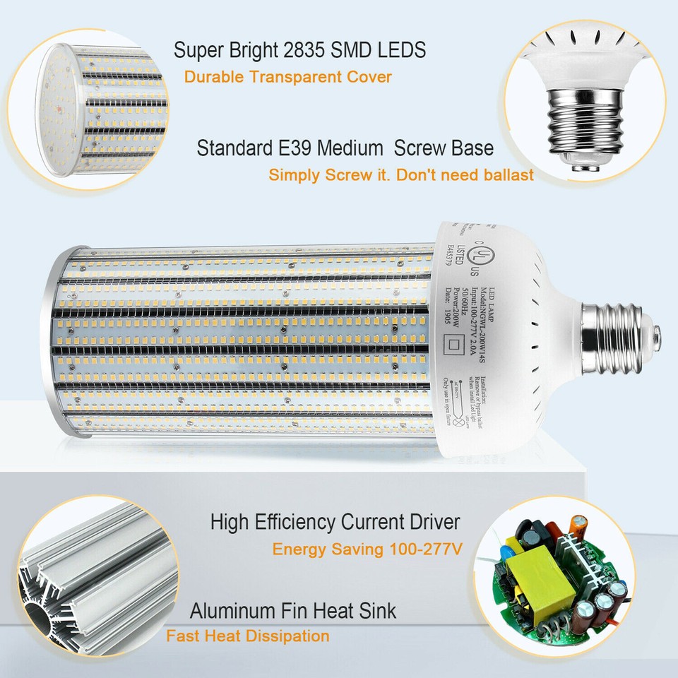 200W LED Corn Cob Bulb E39 Mogul Base Replace 1000W MH/HPS High Bay ...