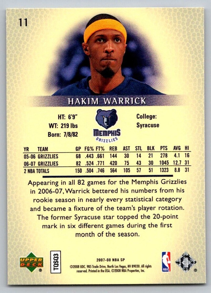 2007-08 SP Upper Deck Basketball Hakim Warrick Memphis Grizzlies #11 | eBay