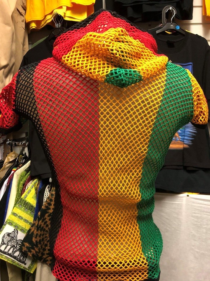 RED GOLD GREEN & BLACK RASTA STRING FISHNET MESH WITH HOOD T SHIRT ...