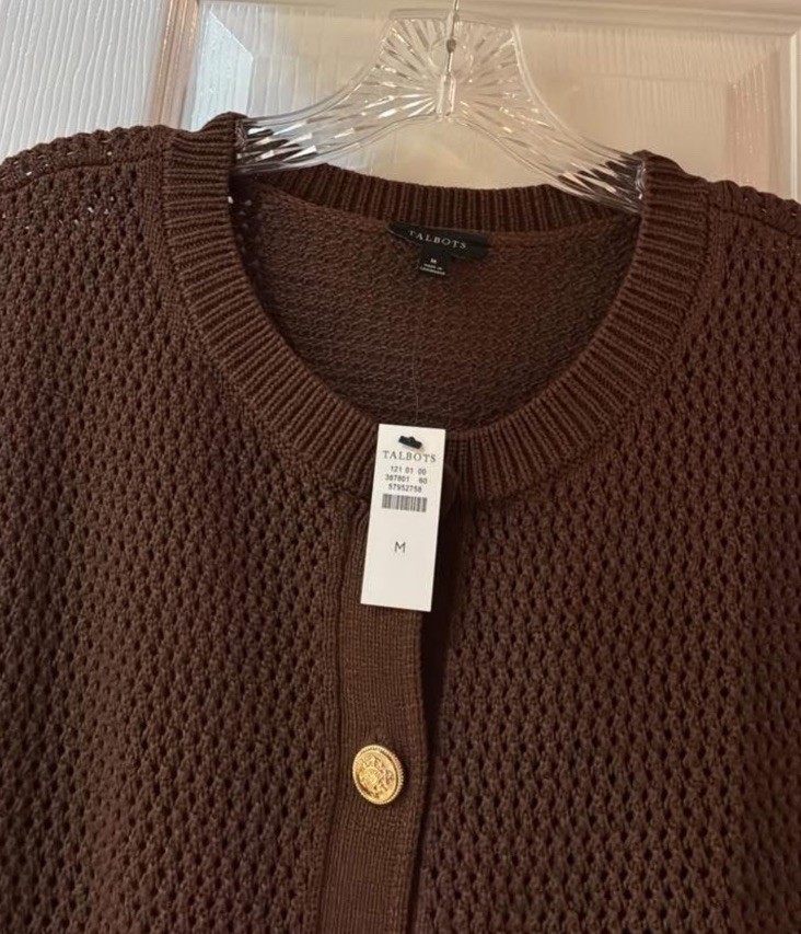 NWT Talbots Brown Mesh Knit Sweater Top Gold Buttons SZ M | eBay