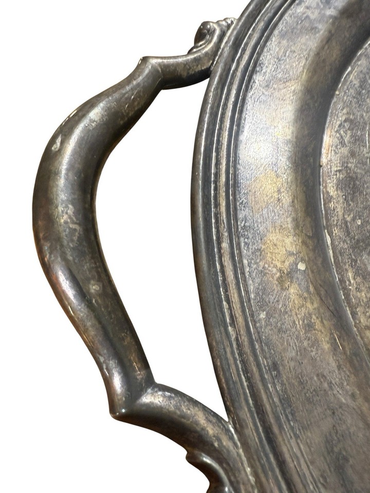 Vtg Silver Plated Round Serving Tray Handles 14.5” Ornate Etched Made ...