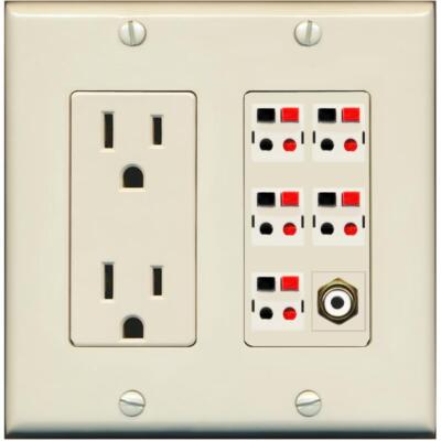 5 Port Speaker Wire Plug Jack Wall Plate+1 RCA for Subwoofer Outlet ...