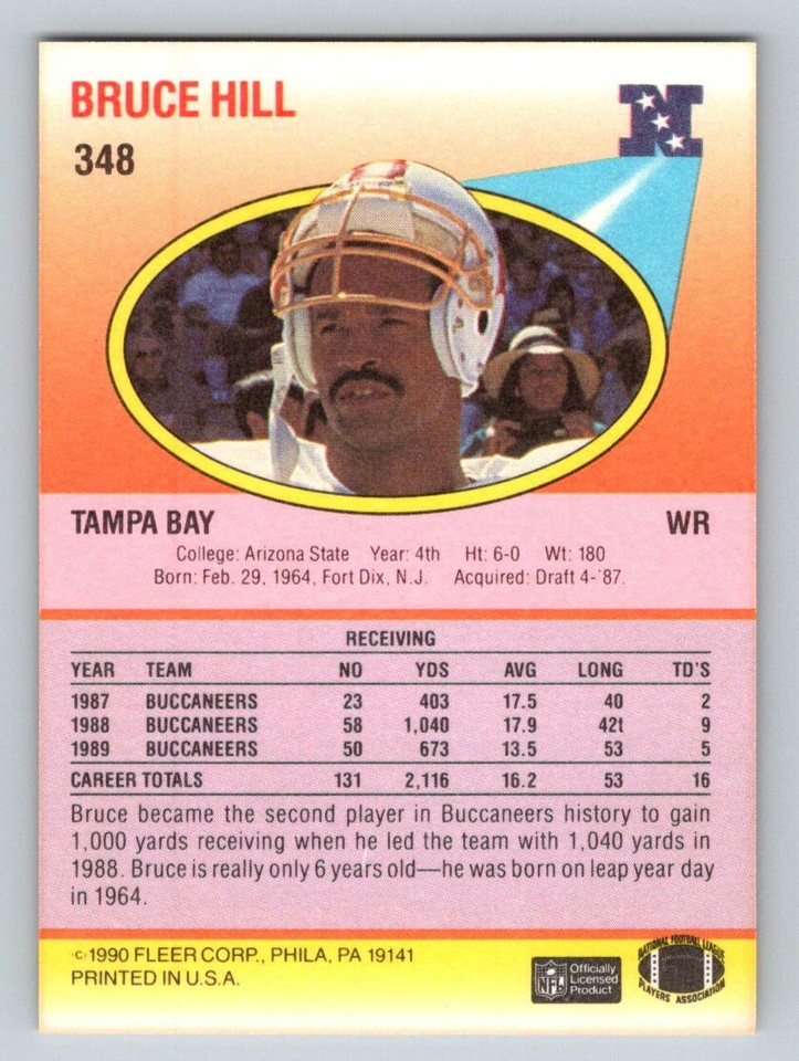 1990 Fleer #348 Bruce Hill Tampa Bay Buccaneers Football Card | eBay