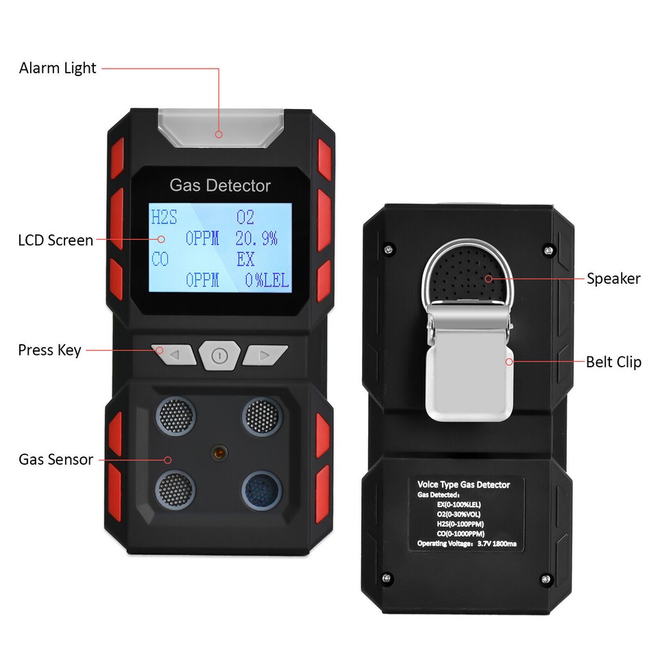 Gas Detector Gas Clip Meter Tester Analyzer Rechargeable Portable 4 Gas ...