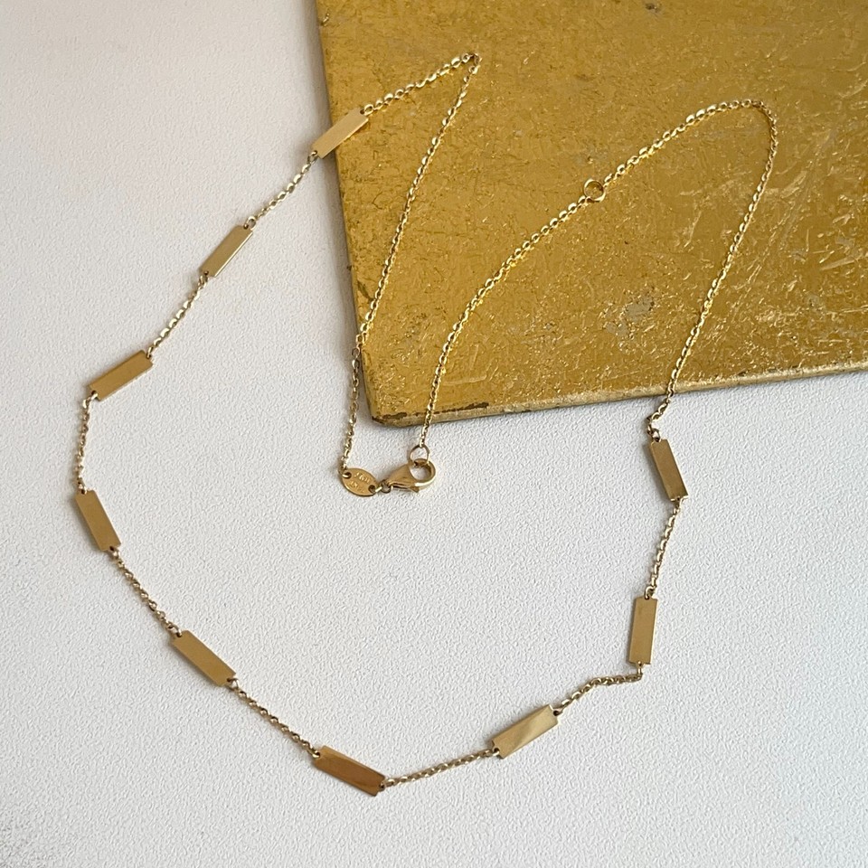 14KT Yellow Gold Solid Station Rectangle Link Geometric Chain Necklace ...